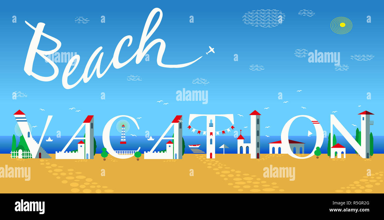 Beach vacation. Travel card. Artistic font Stock Photo - Alamy