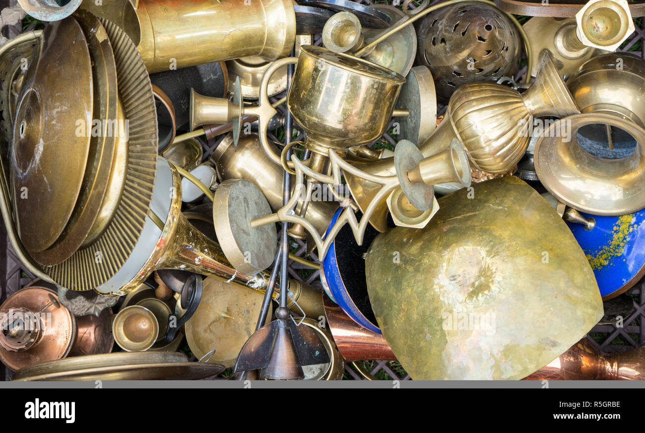 top view on various objects made of brass Stock Photo - Alamy