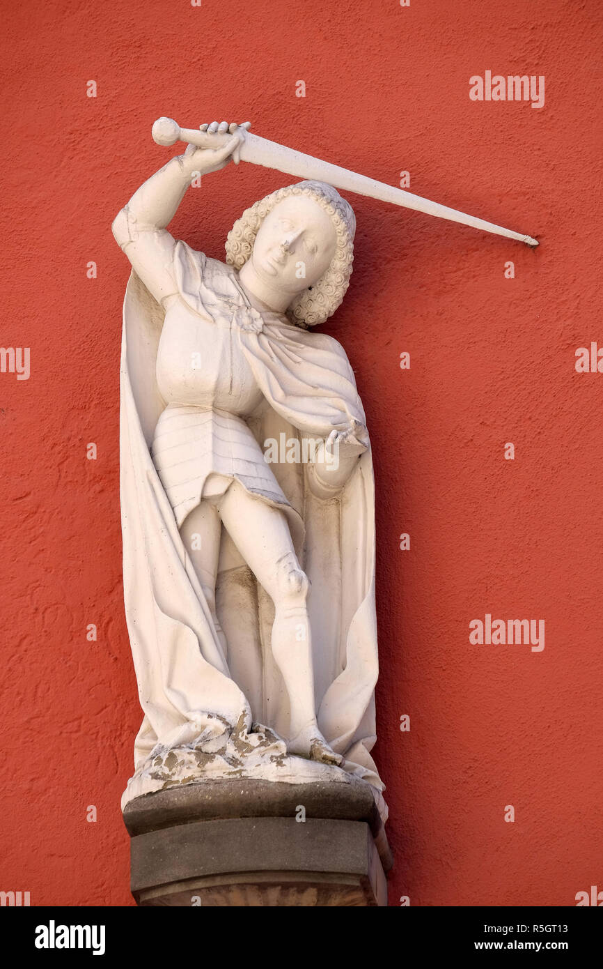 Saint George statue on the house facade in Wurzburg, Bavaria, Germany ...