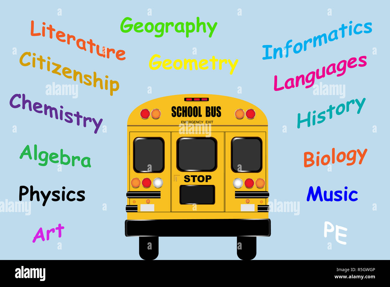 School bus surrounded by names of school subjects Stock Photo - Alamy