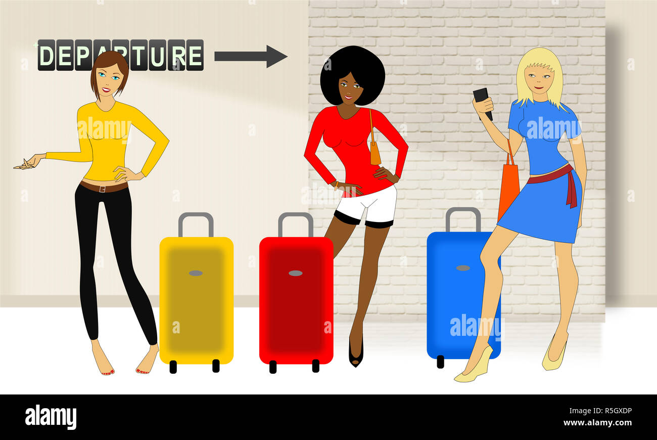 three travel girls with suitcase at airport Stock Photo - Alamy
