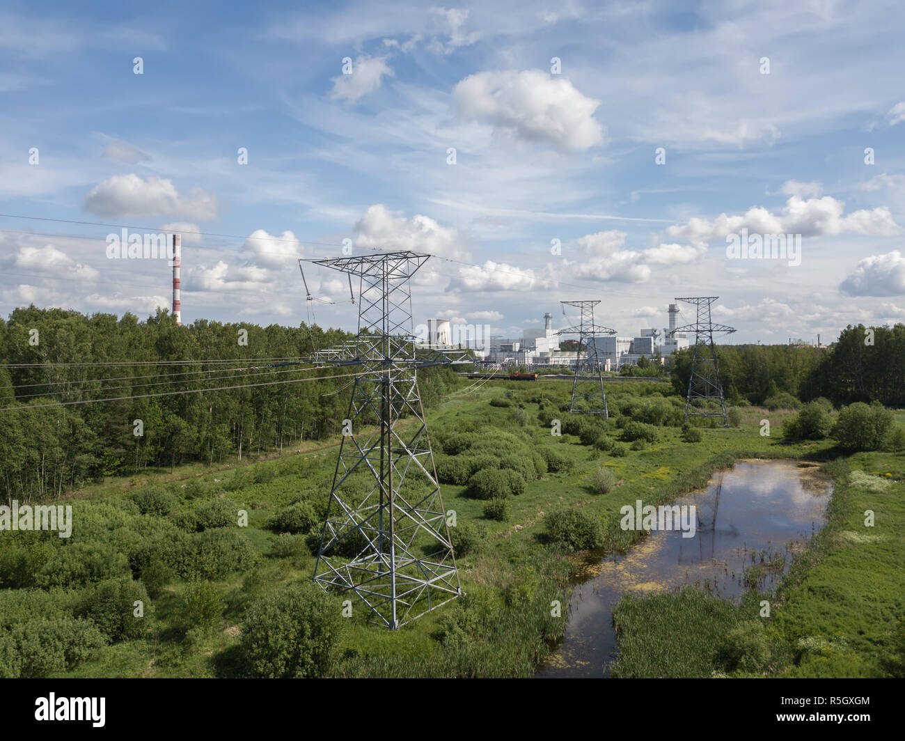 Aerial view of electricity wires pillar drone top view Stock Photo - Alamy