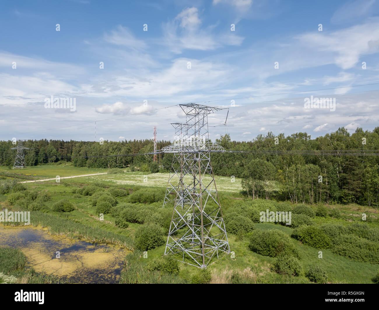 Aerial view of electricity wires pillar drone top view Stock Photo - Alamy