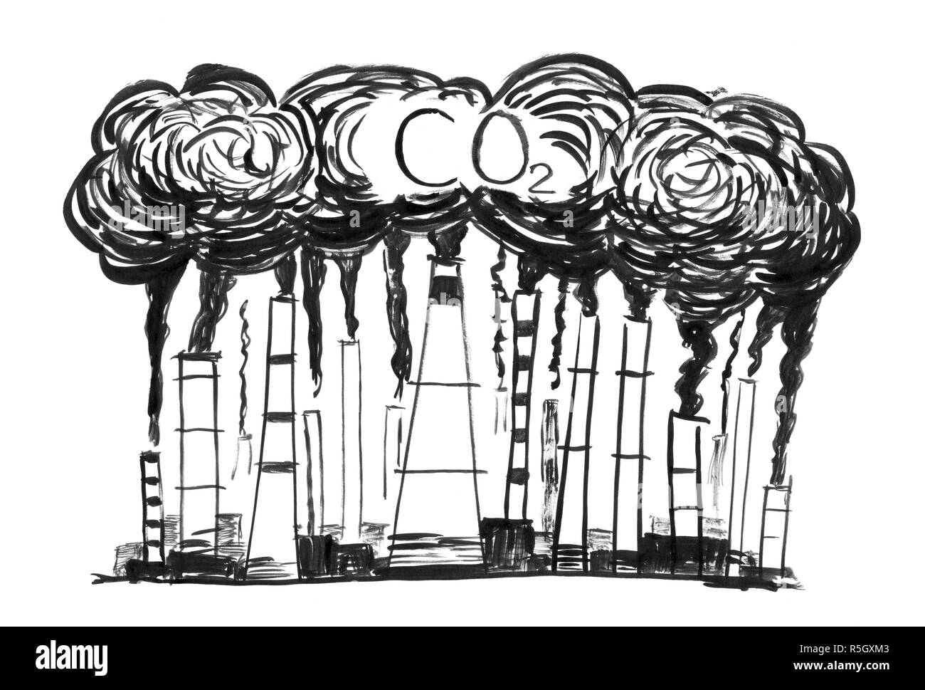 Black Ink Grunge Hand Drawing of Smoking Smokestacks, Concept of ...