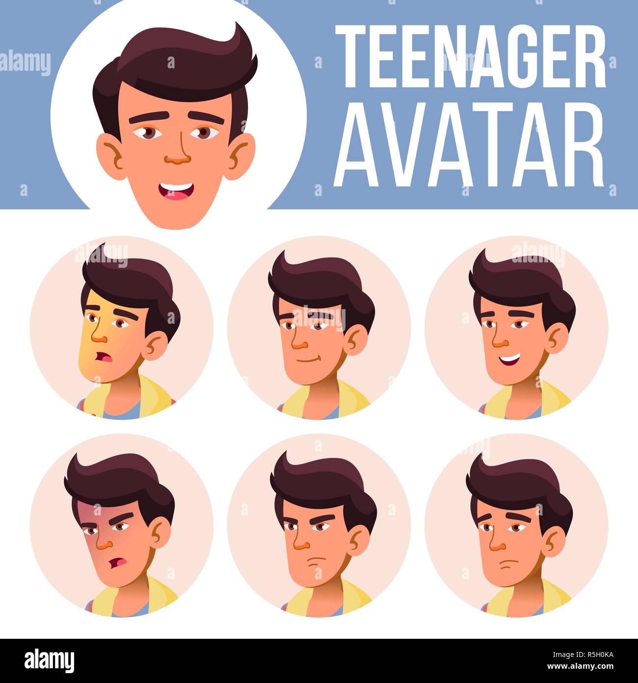 Asian Teen Boy Avatar Set Vector. Face Emotions. Emotional. Casual ...