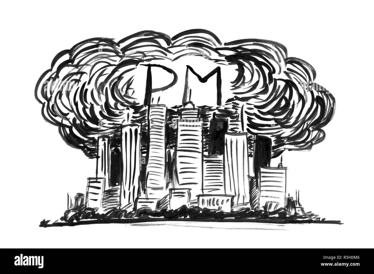 Black Ink Grunge Hand Drawing of City Covered by Smog and PM or ...