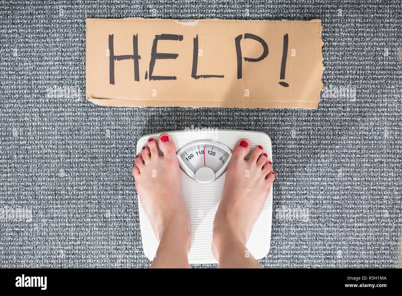 Help Sign With Woman's Feet On Weighing Scale Stock Photo - Alamy