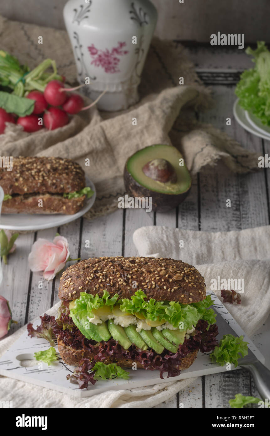 Homemade avocado lettuce sandwich, wholegrain bread, food photography ...