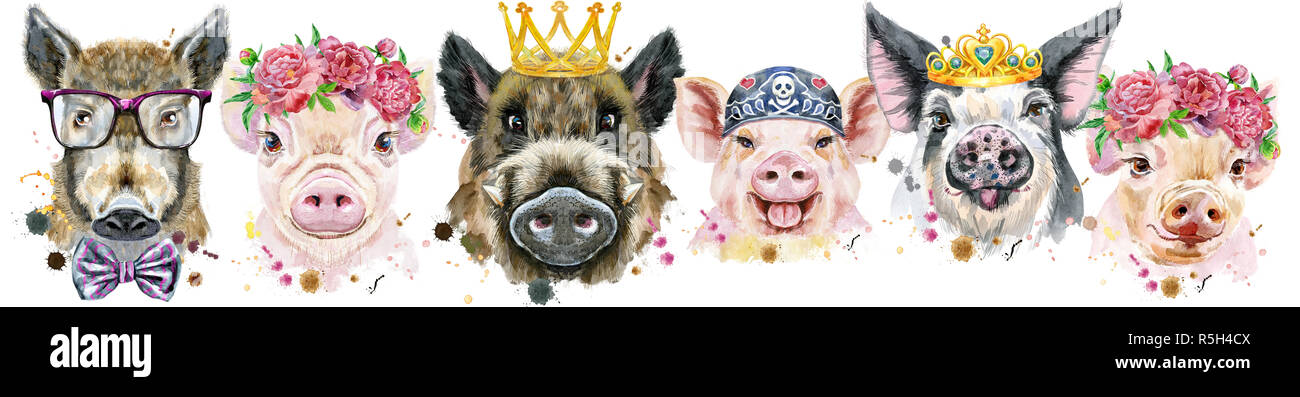 Cute border from watercolor portraits of pigs Stock Photo - Alamy