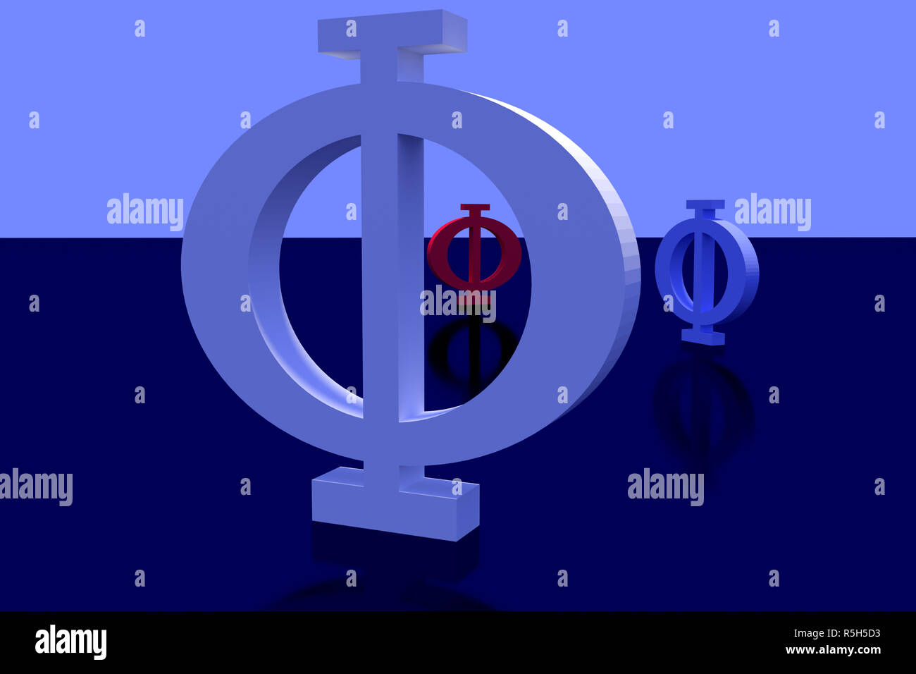 greek phi capital letters on a blue shiny,slightly reflecting surface ...