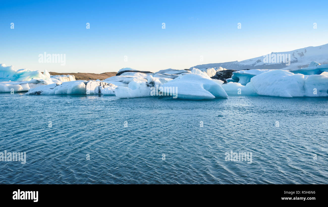 view of icebergs in glacier lagoon, Iceland, global warming concept ...