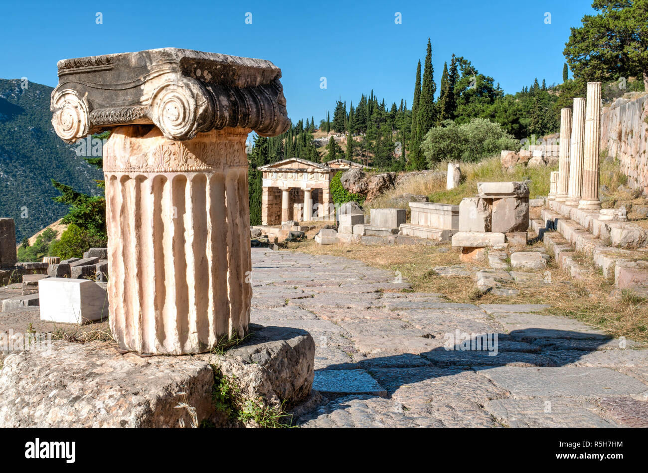 Ancient Greek columns viewed from top in delphi archaeological site ...
