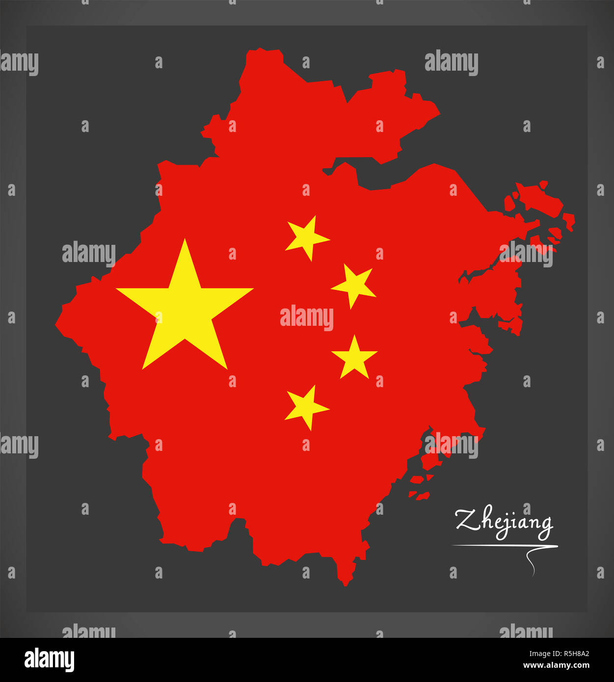 Zhejiang China map with Chinese national flag illustration Stock Photo ...