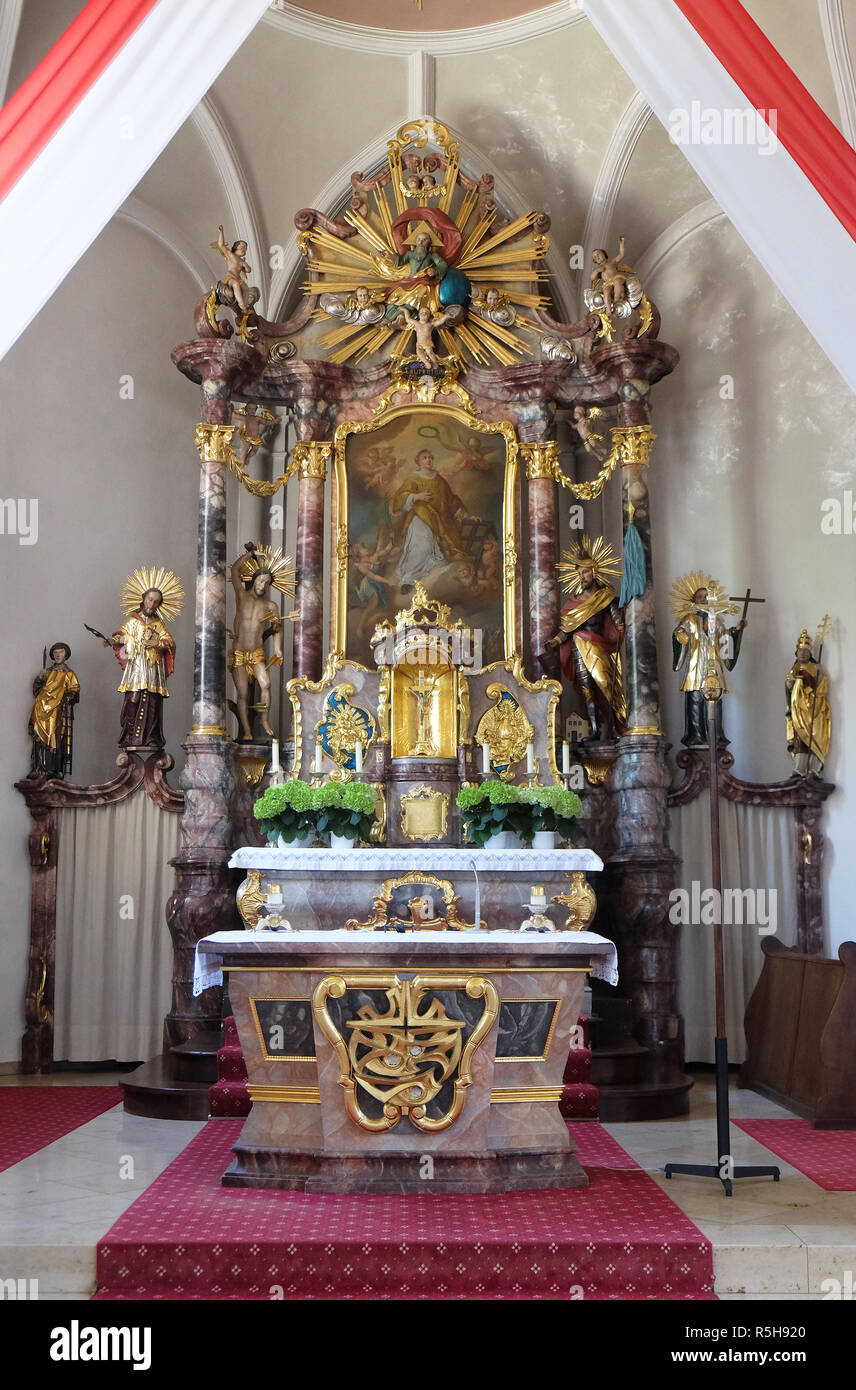 Main altar in the Saint Lawrence church in Denkendorf, Germany Stock ...