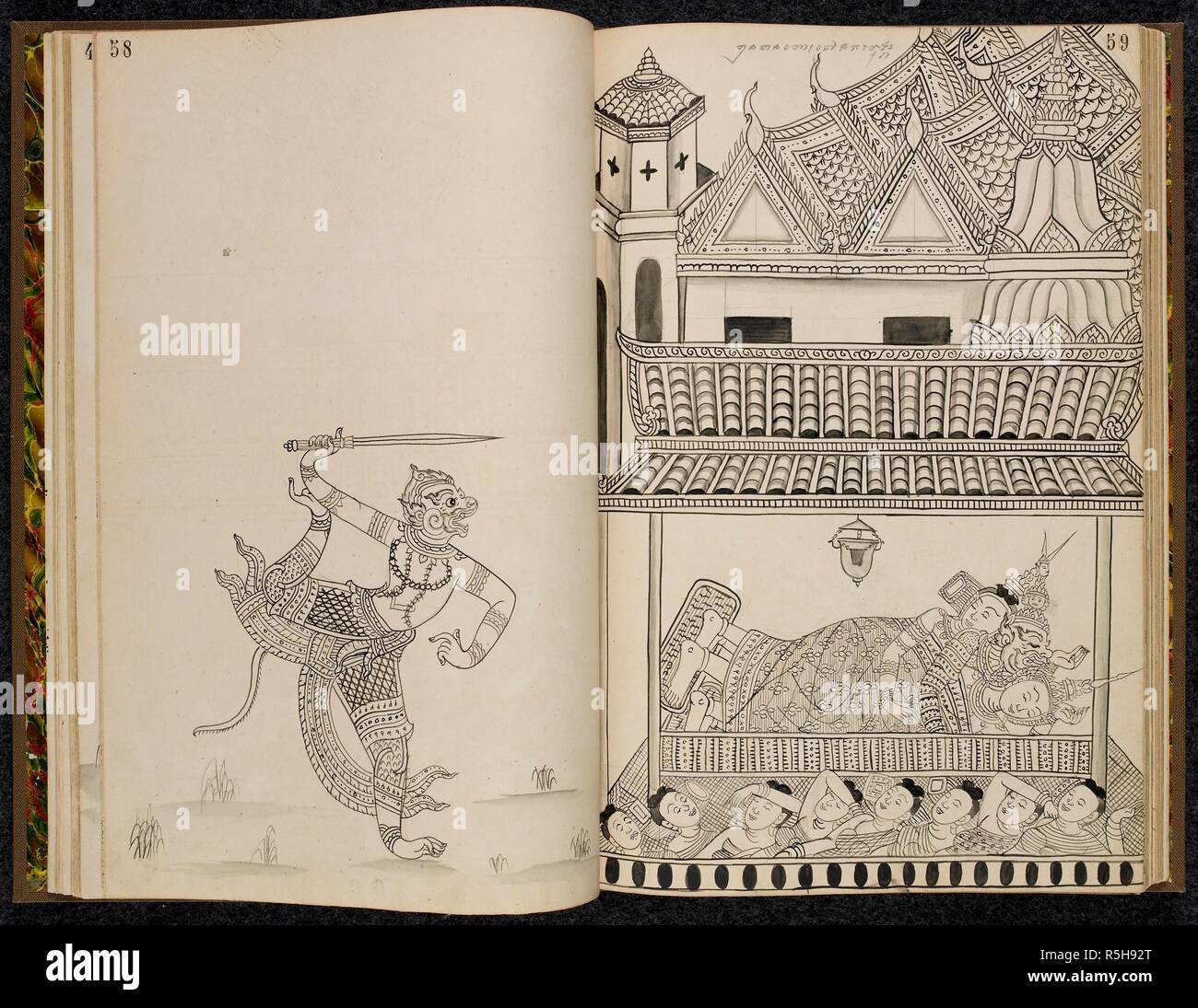 Hanuman attacking Ravana in his palace while asleep, scene from the ...