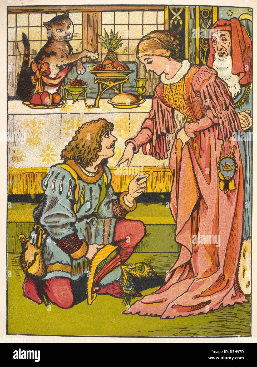 A young man kneeling before a Princess. A cat looking on. . Puss in ...