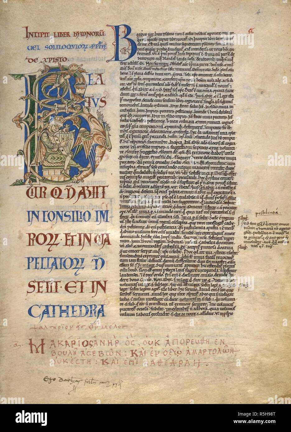 Historiated initial 'B'(eatus) with David playing the harp, and dragons ...