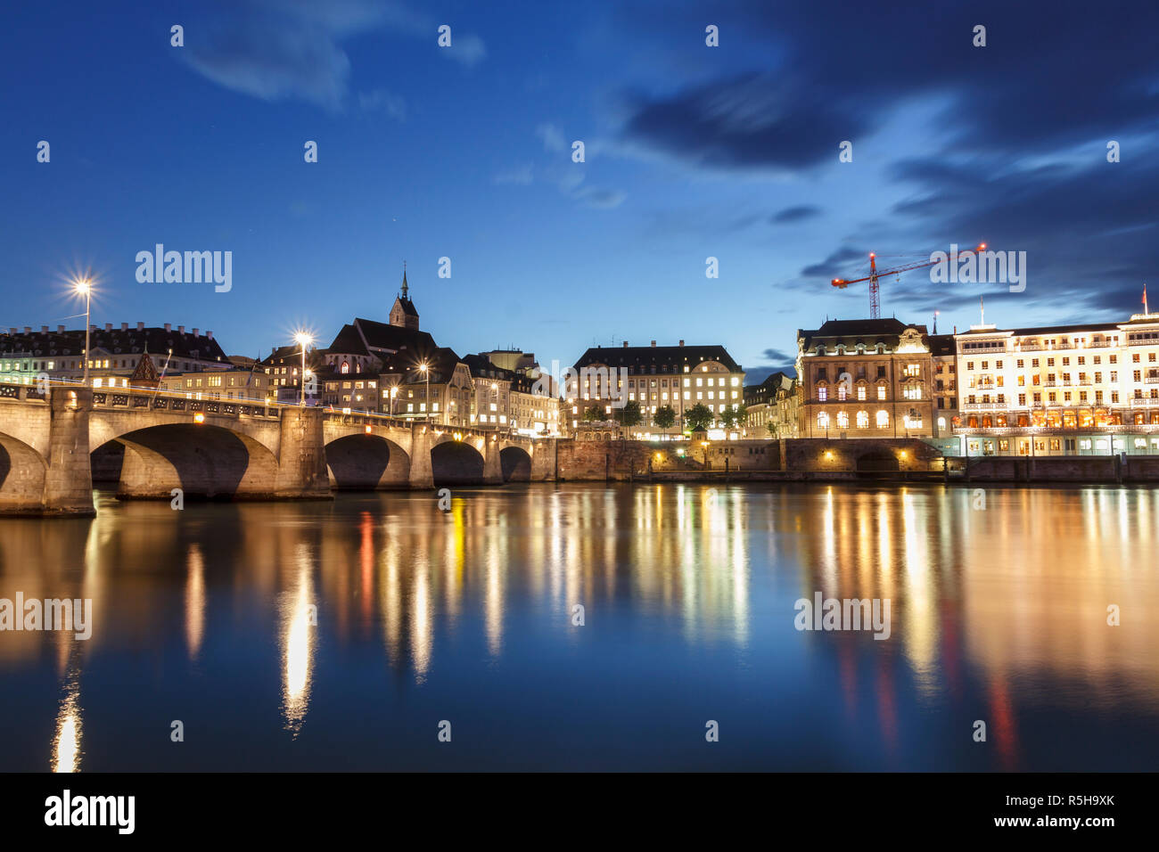Middle bridge over the river Rhine in Basel, Switzerland, illuminated ...