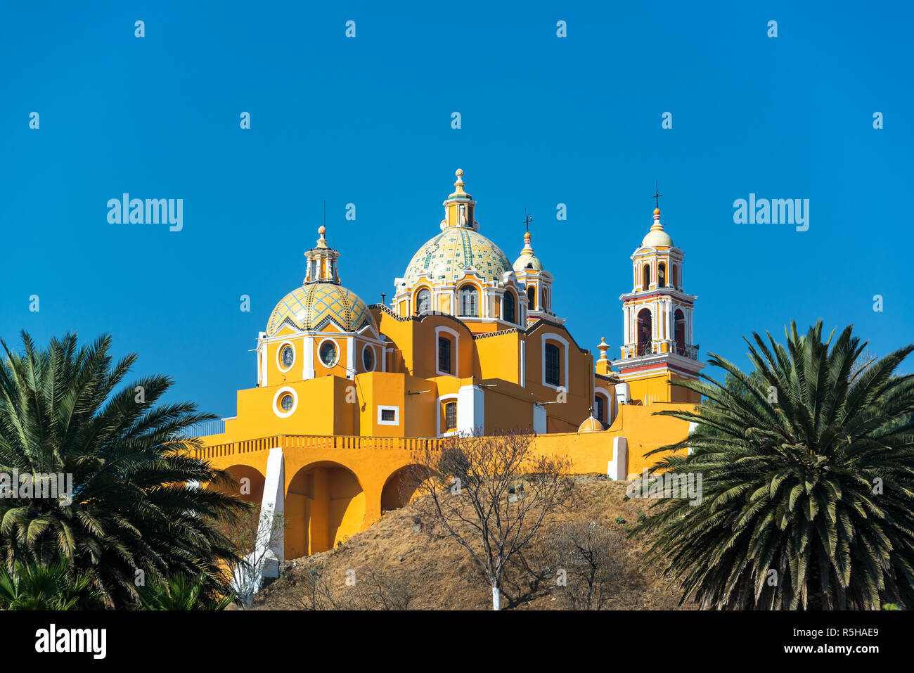 Yellow Church and Palm Trees Stock Photo - Alamy