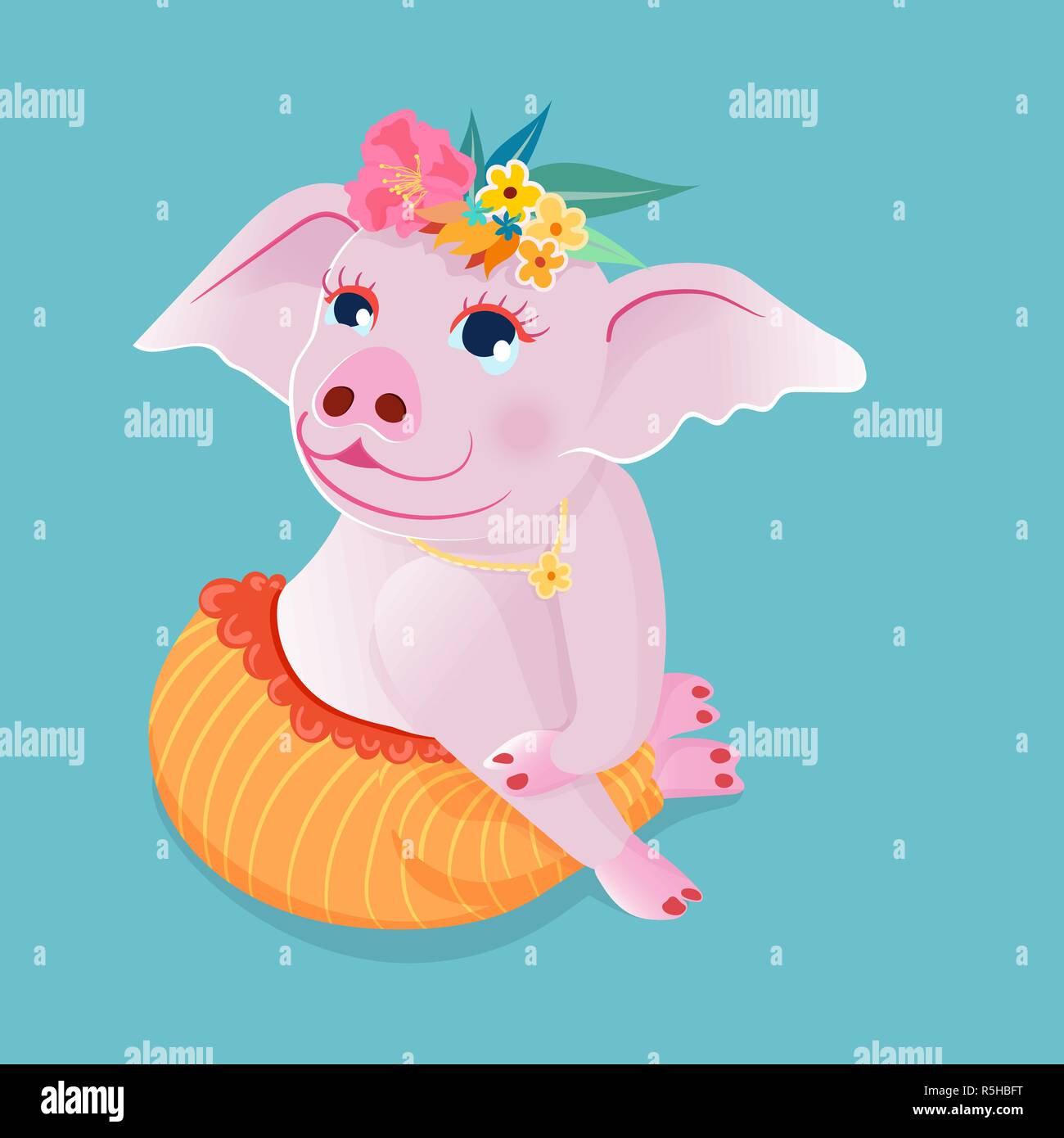 Cute pig sit squat on the floor in a polite attitude,wearing necklace ...