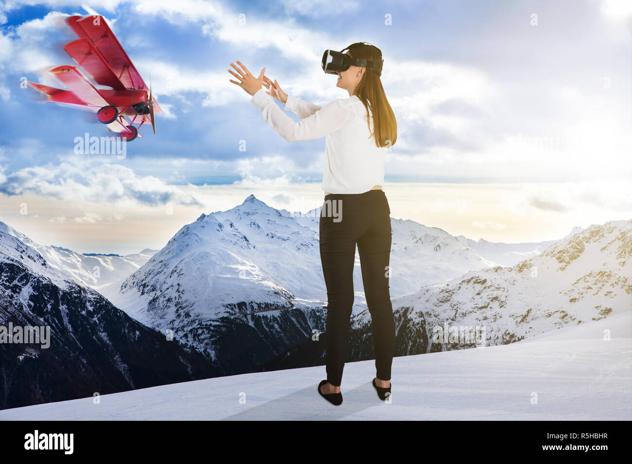 Airplane Flying Near Woman Wearing Virtual Reality Glasses Stock Photo ...