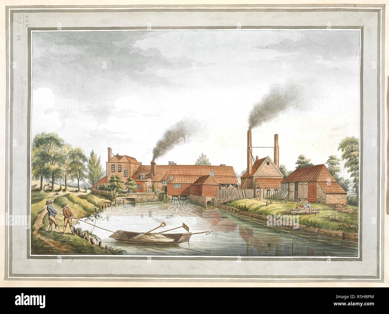 A colored view of the copper mills on Twickenham Coommon. A red brick ...
