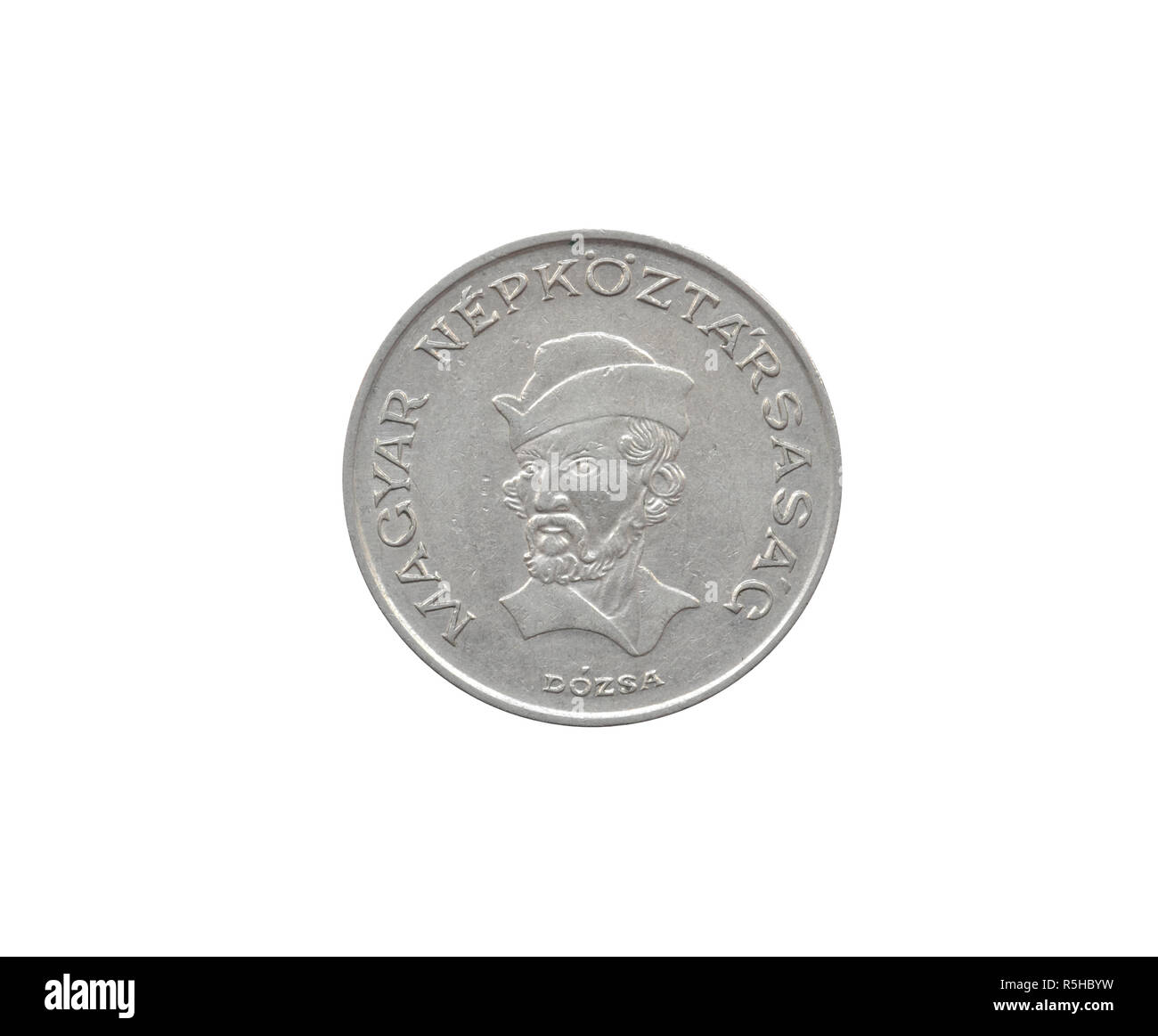 Obverse of 20 Forint coin made by Hungary that shows portrait of Dozsa ...