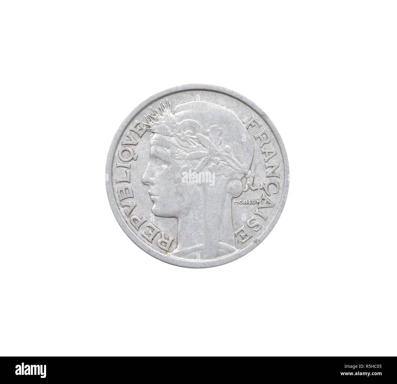 Obverse of 2 Franc coin made by France that shows Wreathed female head ...