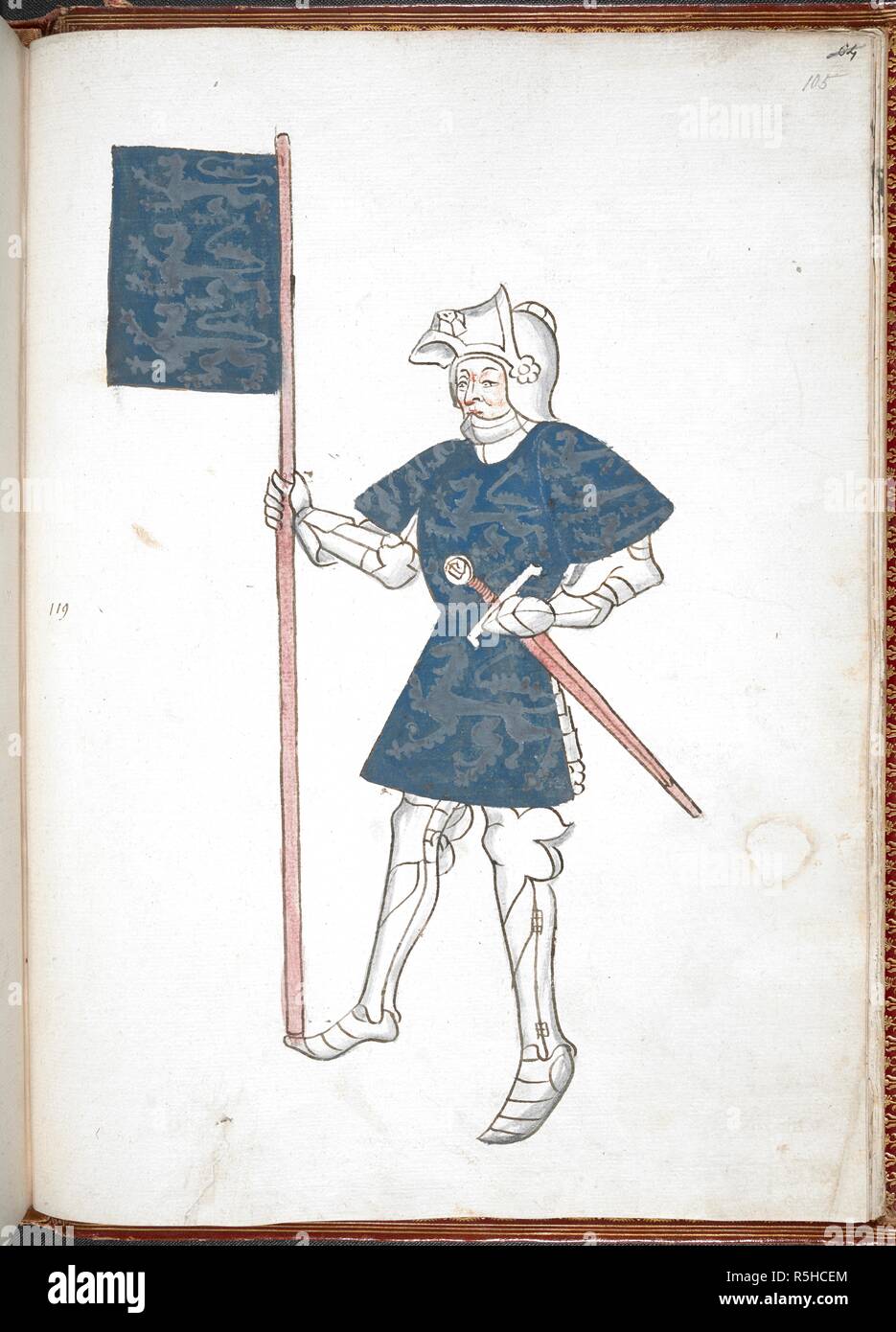 Knight, in armour and tabard, holding a sword and a standard with ...