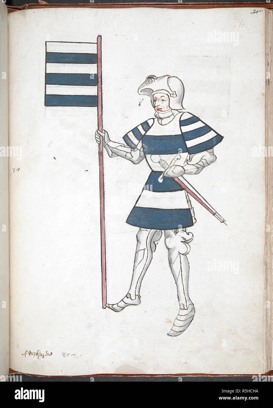 Coloured drawing of a knight in armour and tabard. Legh's Men of Arms ...