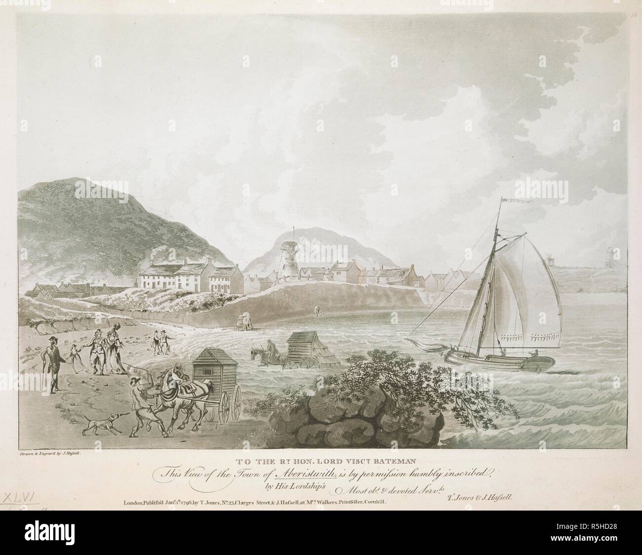 Figures and horses on the shore; boats on the water; the town of ...