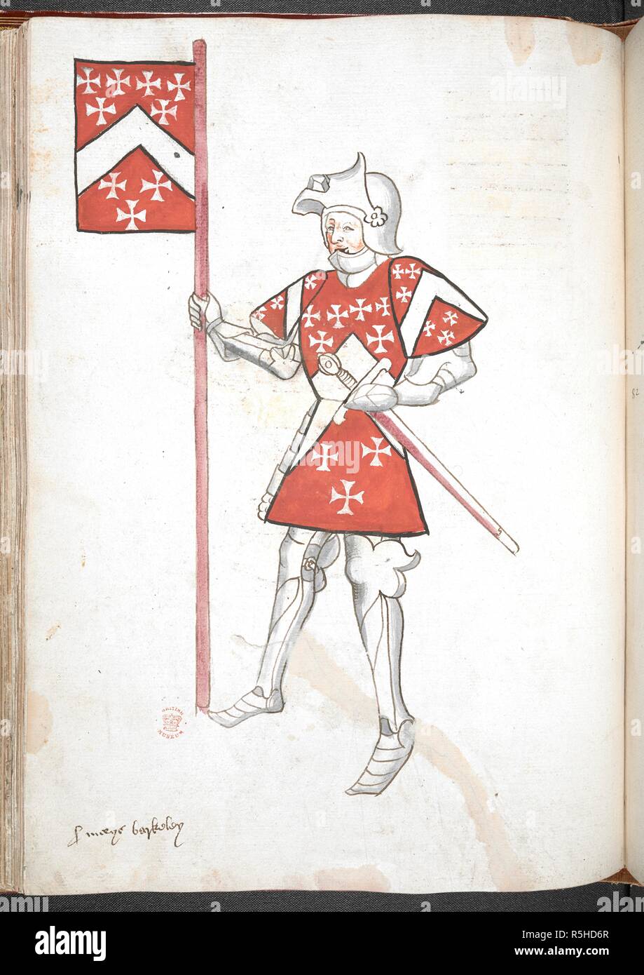 Knight, in armour and tabard, holding a sword and a standard with ...