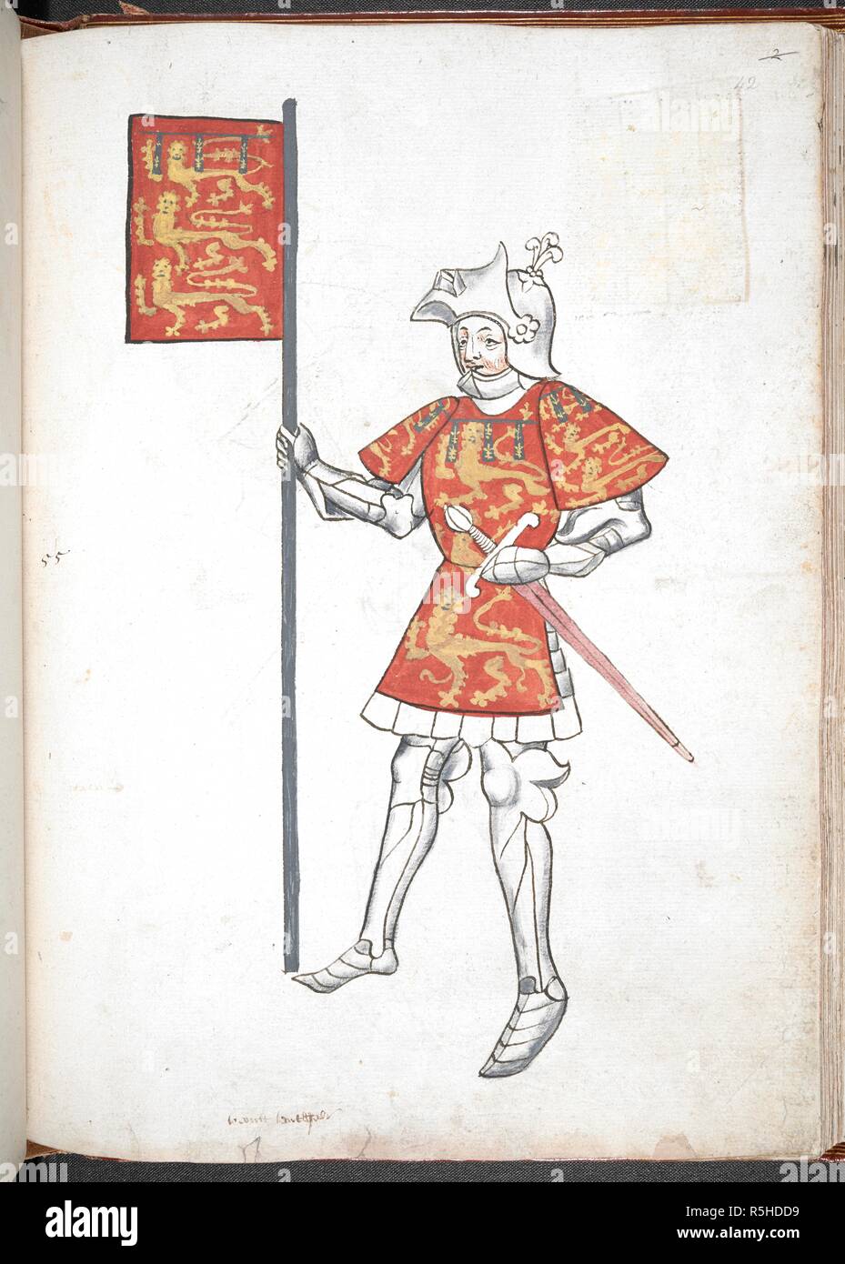 Coloured drawing of a knight in armour and tabard. Legh's Men of Arms ...