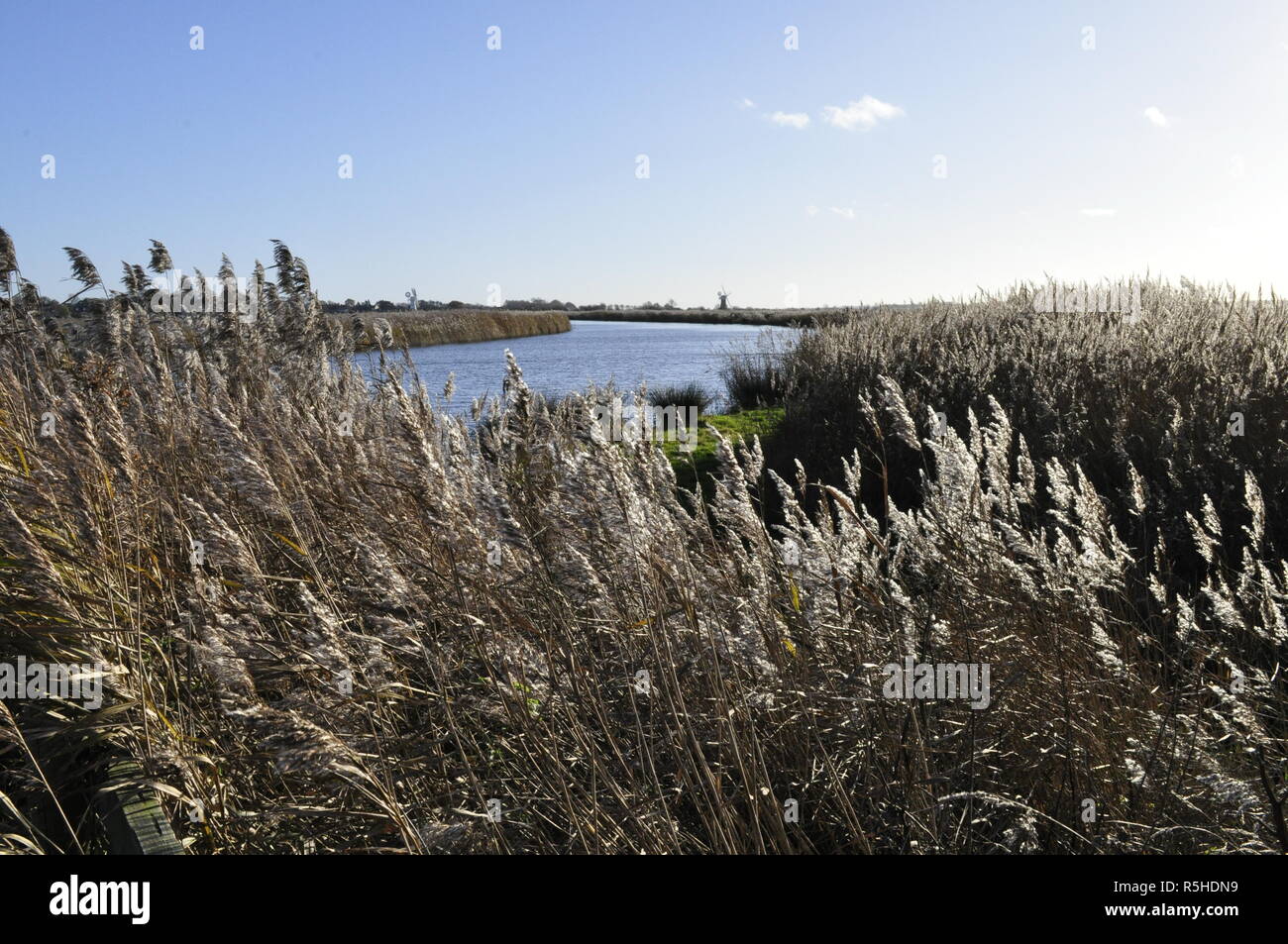 The River Thurne, looking down to the village of Thurne, Norfolk Broads ...