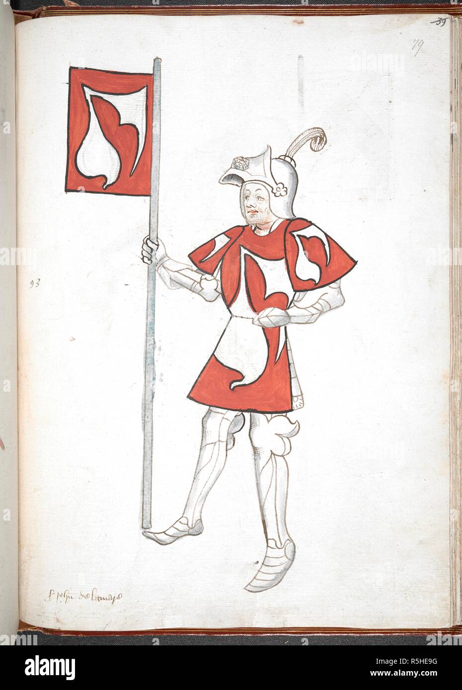 Knight, in armour and tabard, holding a sword and a standard with ...