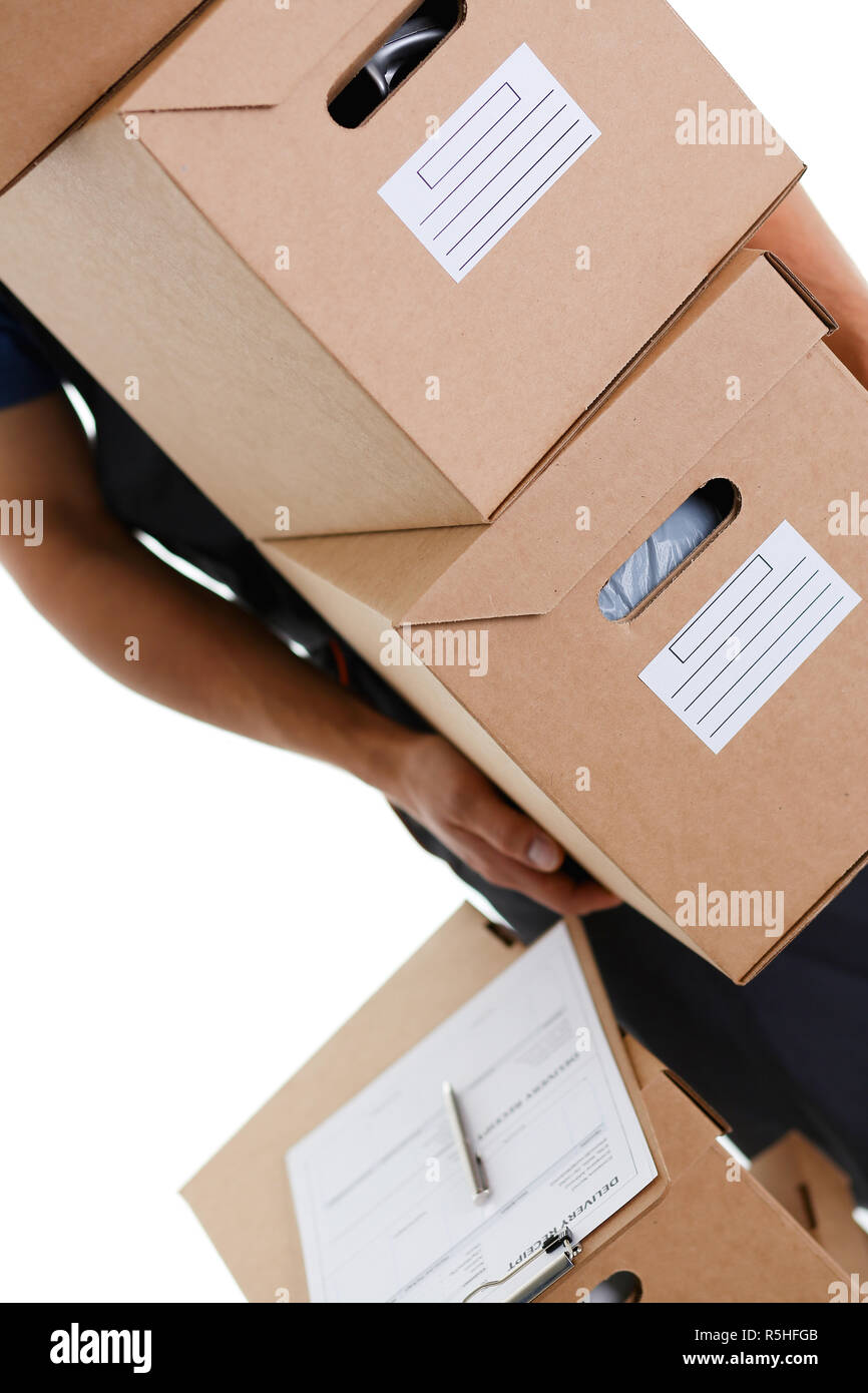 Specialist courier delivery service carries boxes Stock Photo - Alamy