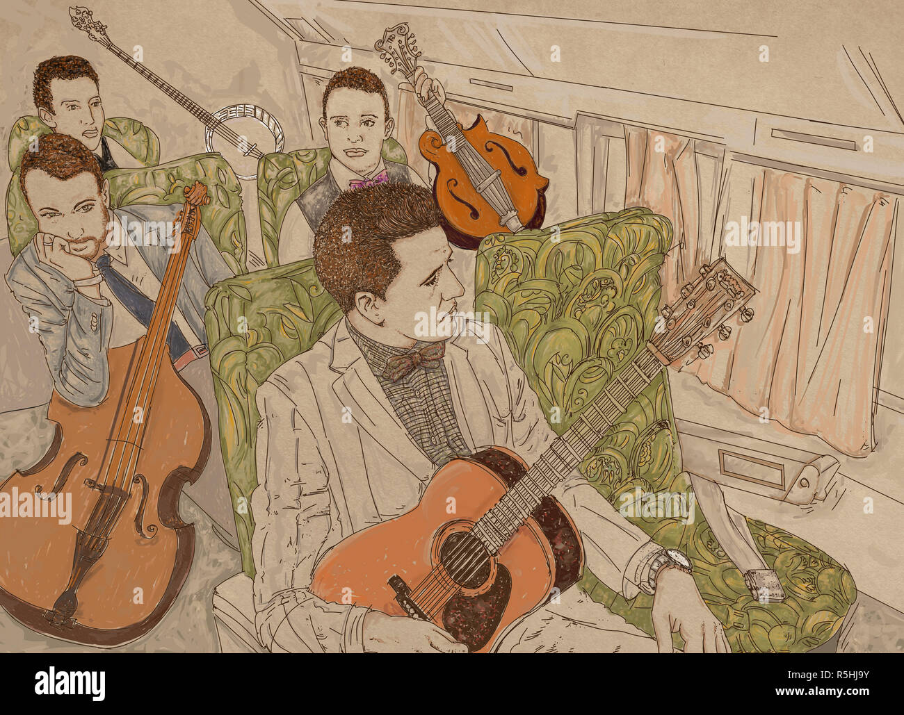musicians traveling on the pulman,with musical instruments Stock Photo ...