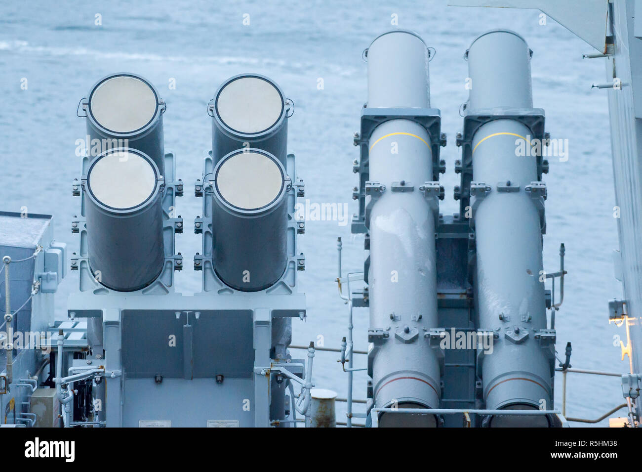 RGM-84 Harpoon anti-ship missile launching system of British Type 23 frigate or Duke-class ...