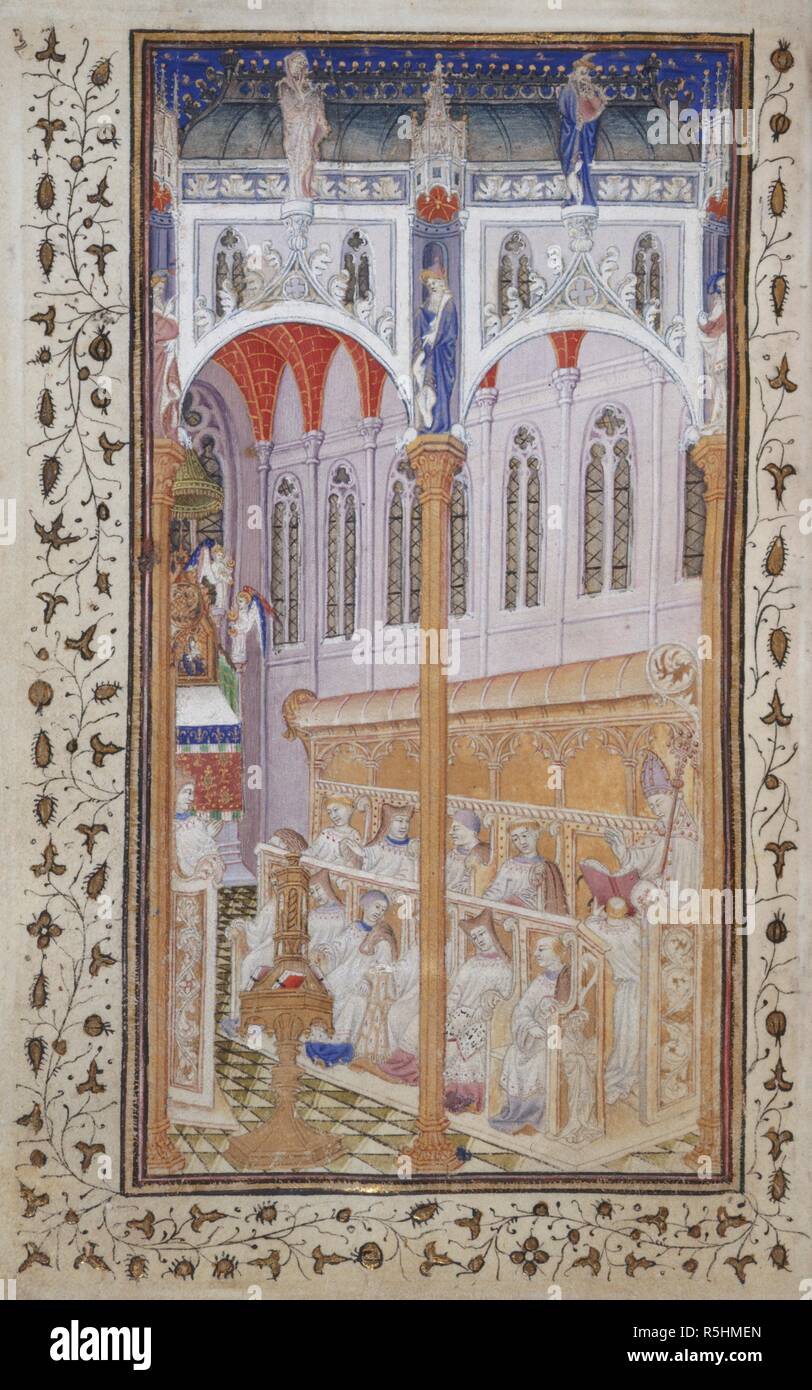 Monks in white habits and a bishop in choir; decorated borders. Psalter ...
