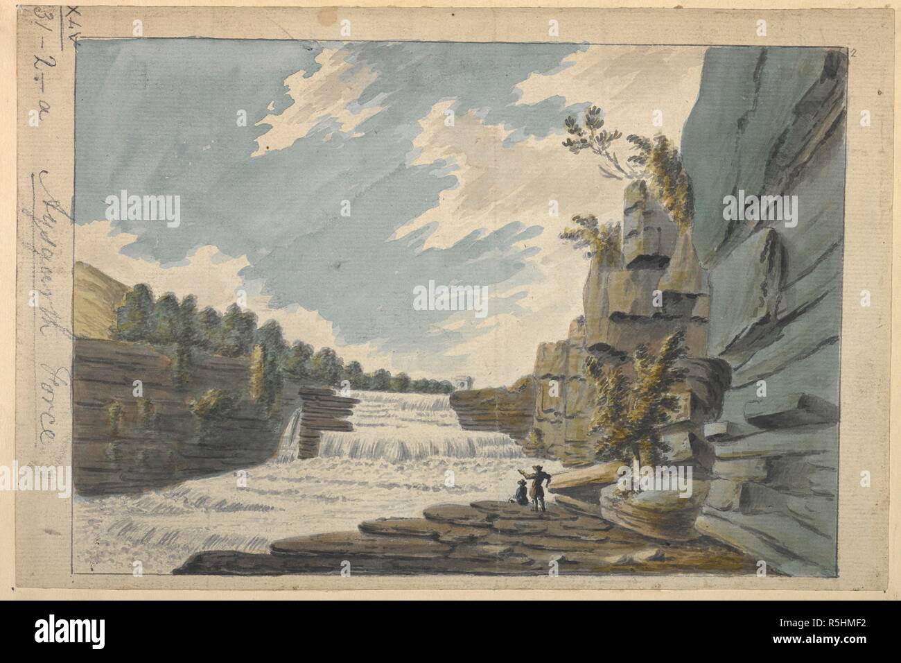 Aysgarth Force, Yorkshire. Two figures standing by waterfalls; rocks on ...