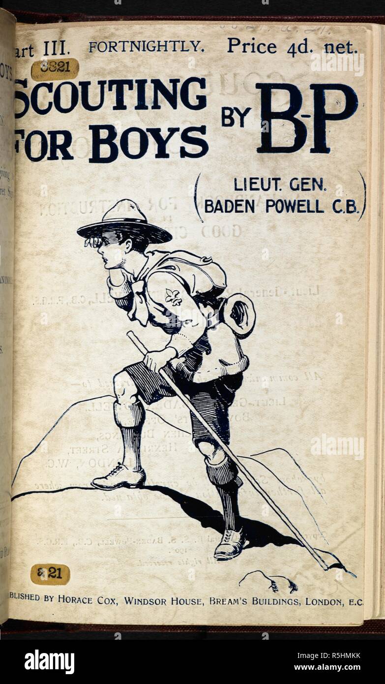 Title and picture of a boy scout on a hill top. Scouting for Boys. A ...