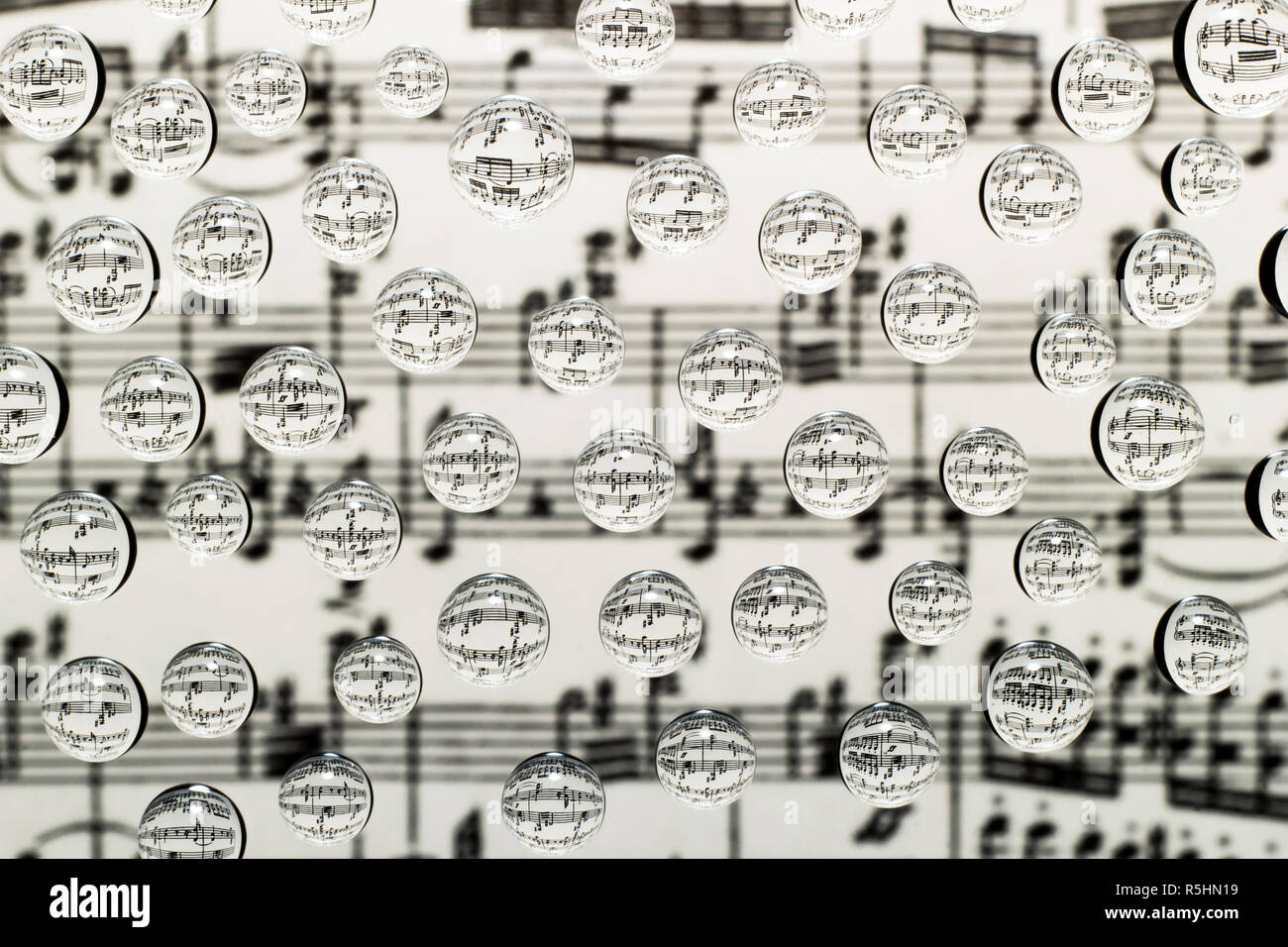 musical notation in drops of water on a background of blurred image of ...