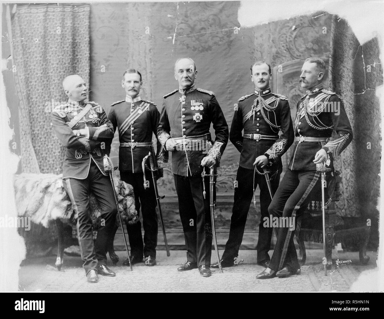 Full length studio portrait of five senior army officers, in uniform ...