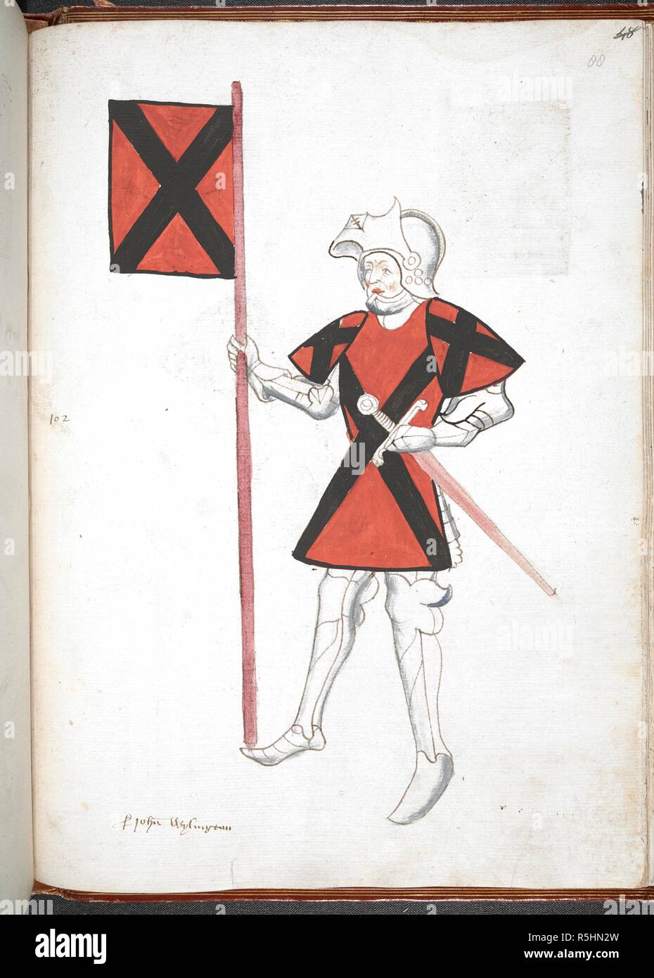 Knight, in armour and tabard, holding a sword and a standard with ...