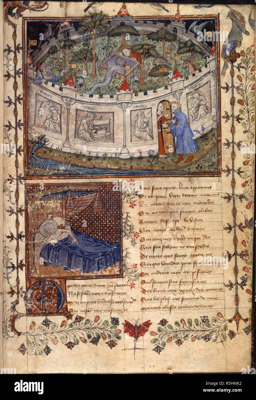 Walled garden of Sir Mirth. Le Roman de la Rose. France; circa 1400 ...