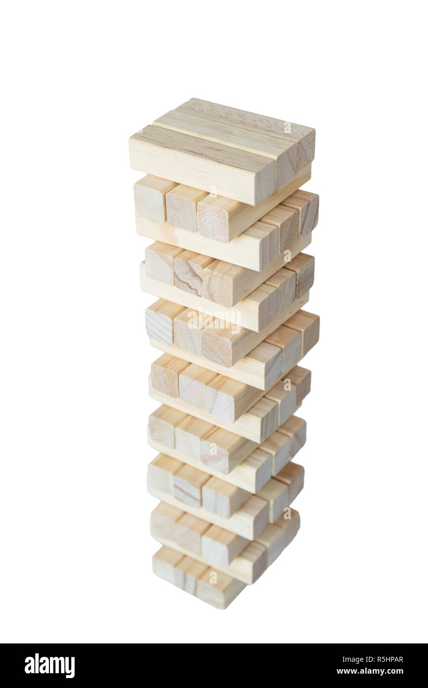 A sturdy tower of wooden blocks isolated on white background Stock ...
