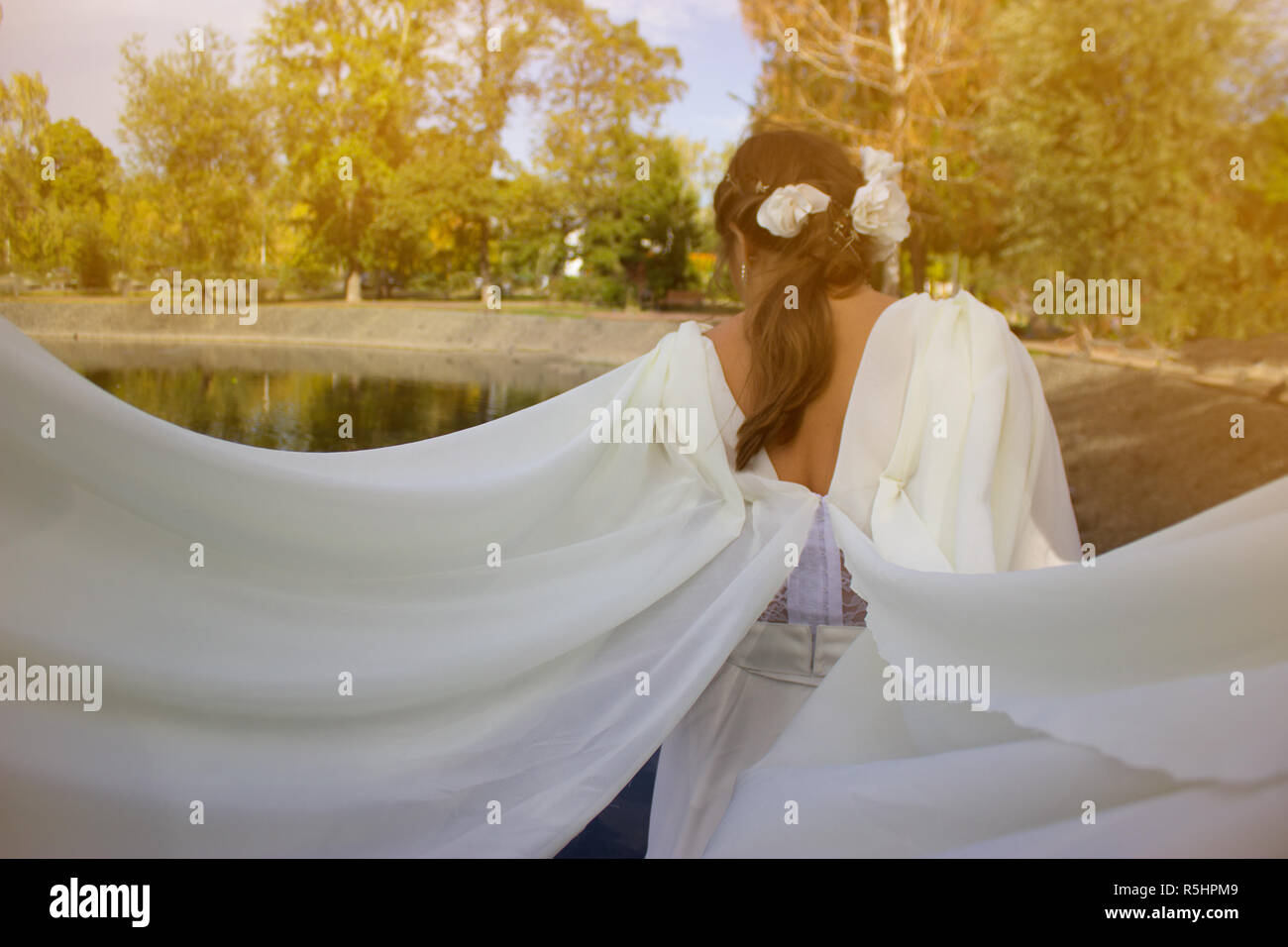 unrecognizable bride head with white decorations and jewellery Stock ...