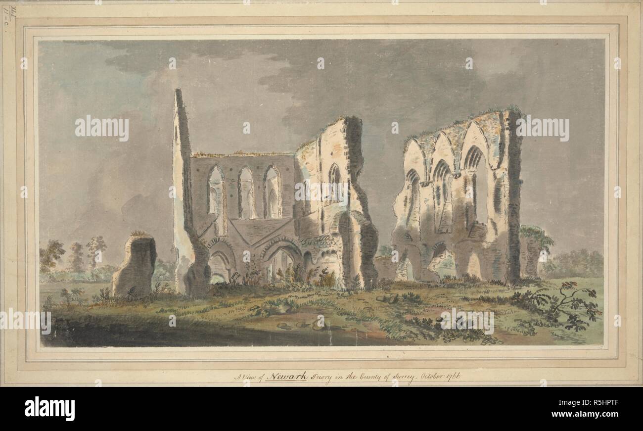 The ruins of Newark Priory; foliage in the foreground; trees in the ...