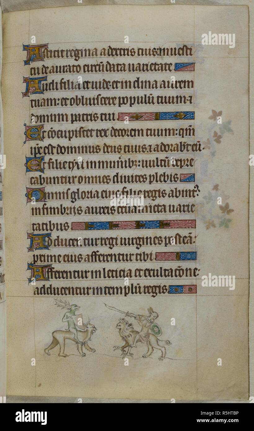 Bas-de-page scene of mounted grotesque hybrids fighting. Psalter ('The ...