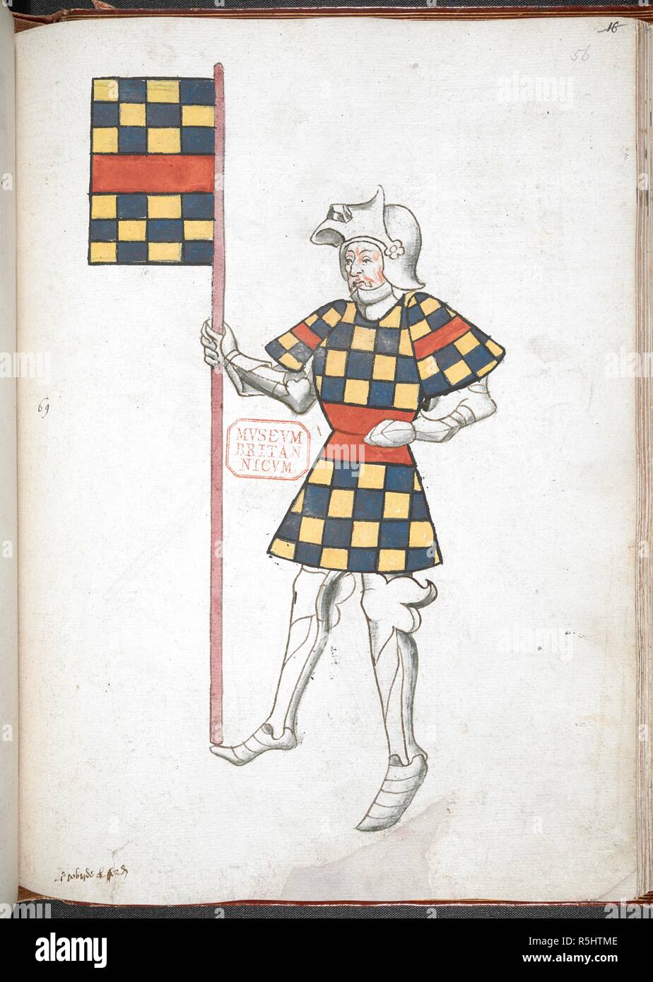 Coloured drawing of a knight in armour and tabard. Legh's Men of Arms ...